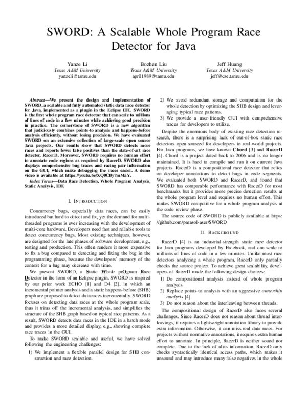 (PDF) SWORD: A Scalable Whole Program Race Detector for Java