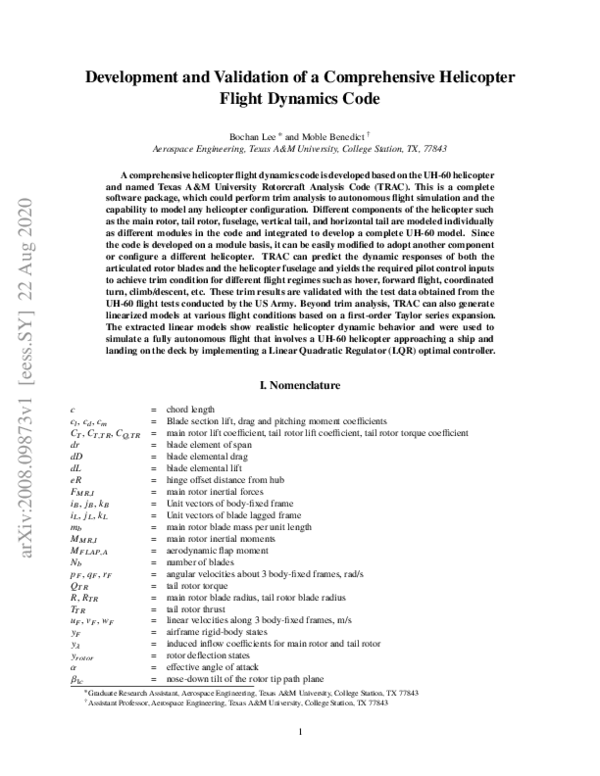 (PDF) Development and Validation of a Comprehensive Helicopter Flight Dynamics Code