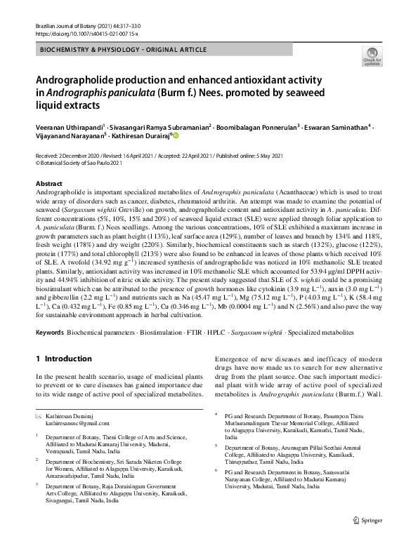 Pdf Andrographolide Production And Enhanced Antioxidant Activity In Andrographis Paniculata