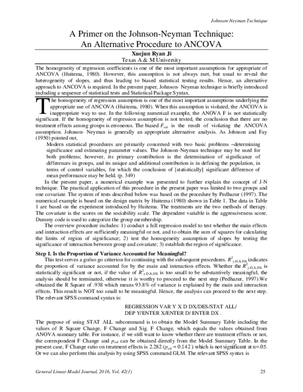 (PDF) A Primer on the Johnson-Neyman Technique : An Alternative Procedure to ANCOVA