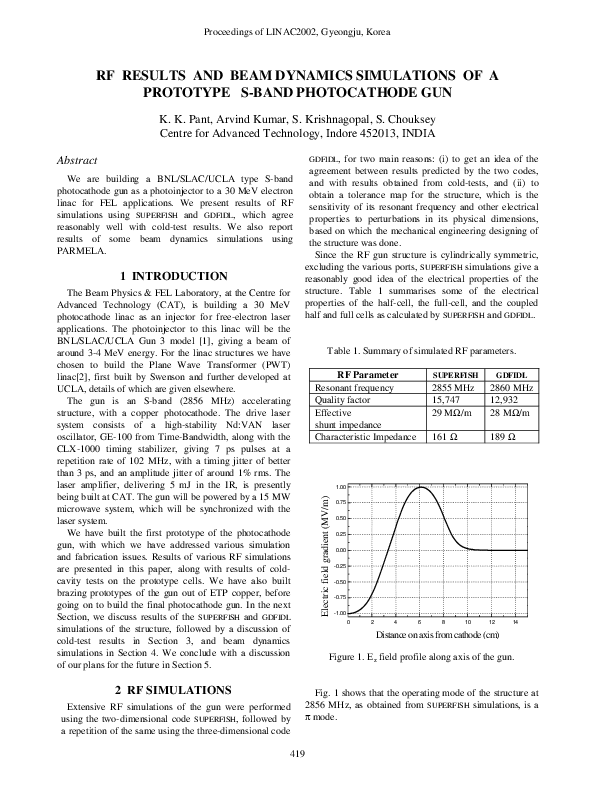 (PDF) RF Results and Beam Dynamics Simulations of a Prototype S-Band Photocathode Gun