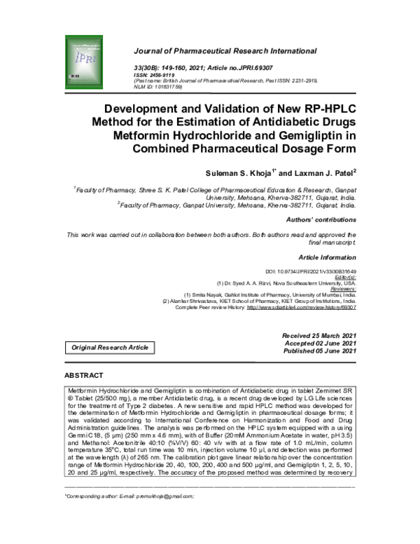 Pdf Development And Validation Of New Rp Hplc Method For The Estimation Of Antidiabetic Drugs