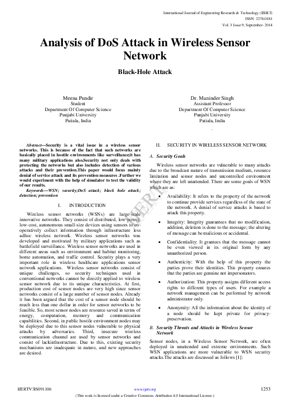 (PDF) Analysis of DoS Attack in Wireless Sensor Network