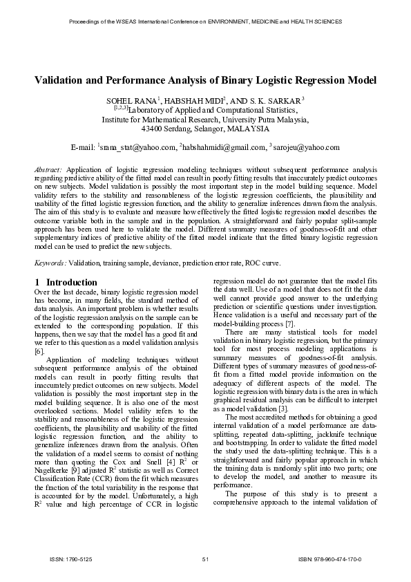Pdf Validation And Performance Analysis Of Binary Logistic Regression