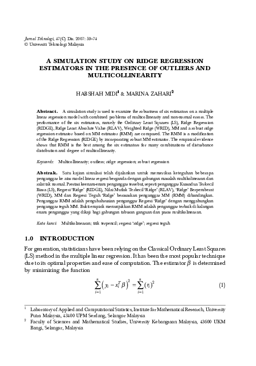 (PDF) A Simulation Study On Ridge Regression Estimators In The Presence Of Outliers And ...