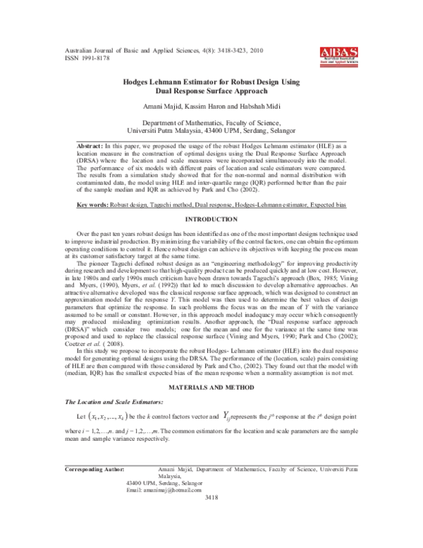 (PDF) Hodges Lehmann estimator for robust design using Dual Response Surface Approach