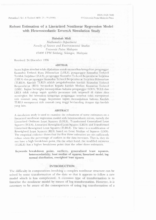 (PDF) Robust Estimation of a Linearized Nonlinear Regression Modelwith Heteroscedastic Errors:A ...