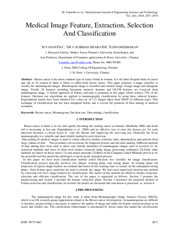 (PDF) Medical Image Feature , Extraction , Selection And Classification