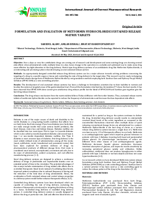Pdf Formulation And Evaluation Of Metformin Hydrochloride Sustained Release Matrix Tablets