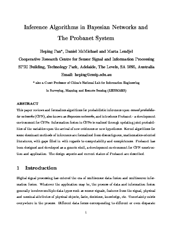 Pdf Inference Algorithms In Bayesian Networks And The Probanet System 