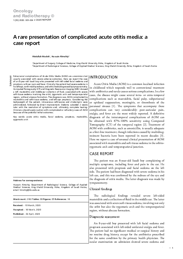 (PDF) A rare presentation of complicated acute otitis media: a case report