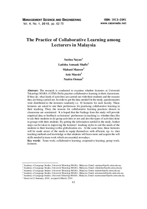 (PDF) The Practice of Collaborative Learning among Lecturers in Malaysia