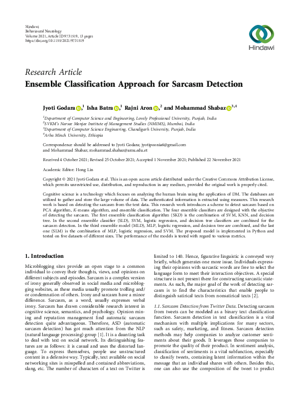 Pdf Ensemble Classification Approach For Sarcasm Detection