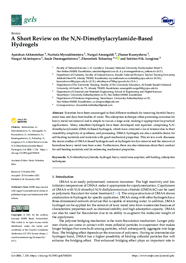 (PDF) A Short Review on the N,N-Dimethylacrylamide-Based Hydrogels