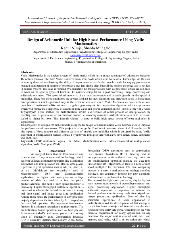 (PDF) Design of Arithmetic Unit for High Speed Performance Using Vedic Mathematics