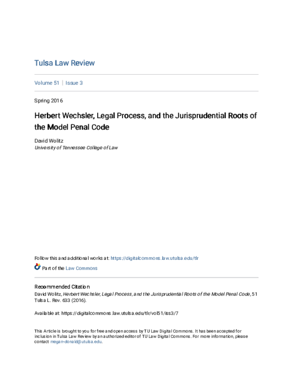 (PDF) Herbert Wechsler, Legal Process, and the Jurisprudential Roots of the Model Penal Code