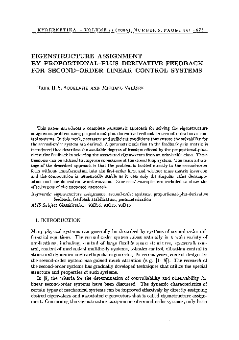 Pdf Eigenstructure Assignment By Proportional Plus Derivative Feedback For Second Order Linear