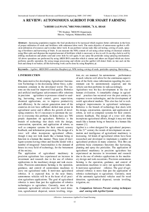 (PDF) A Review : Autonomous Agribot for Smart Farming