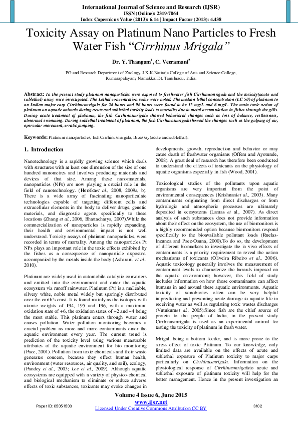 (PDF) Toxicity Assay on Platinum Nano Particles to Fresh Water Fish ...