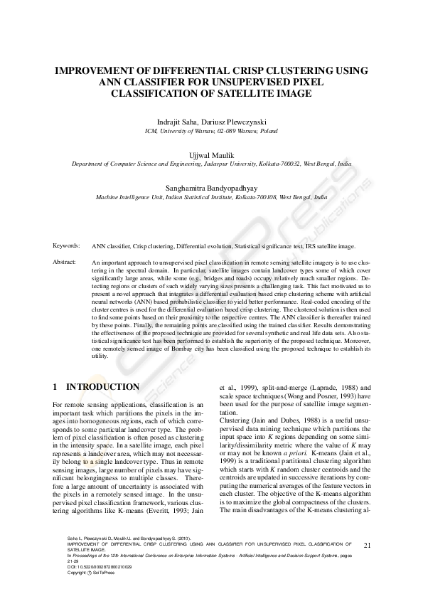 (PDF) Improvement of Differential Crisp Clustering using ANN Classifier for Unsupervised pixel ...