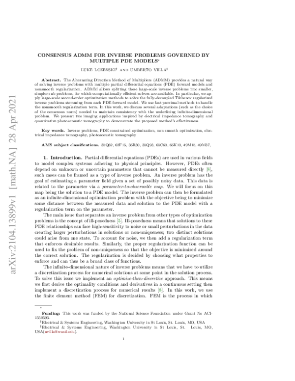 (PDF) Consensus ADMM for Inverse Problems Governed by Multiple PDE Models