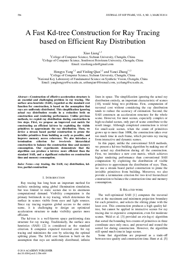 Pdf A Fast Kd Tree Construction For Ray Tracing Based On Efficient Ray Distribution 
