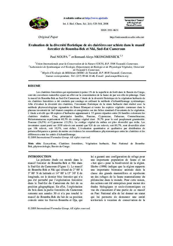 (PDF) Evaluation de la diversité floristique de six clairières sur ...