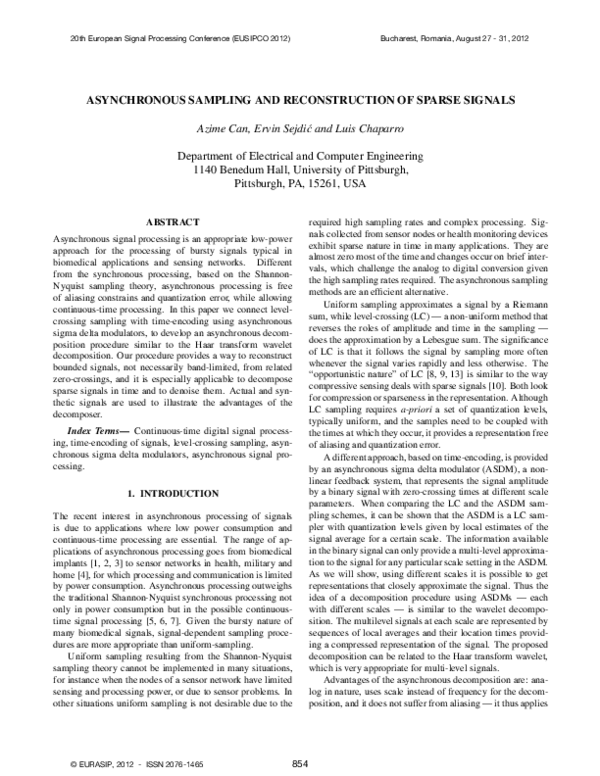 Pdf Asynchronous Sampling And Reconstruction Of Sparse Signals