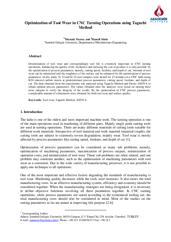 (PDF) Optimization of Tool Wear in CNC Turning Operations using Taguchi Method