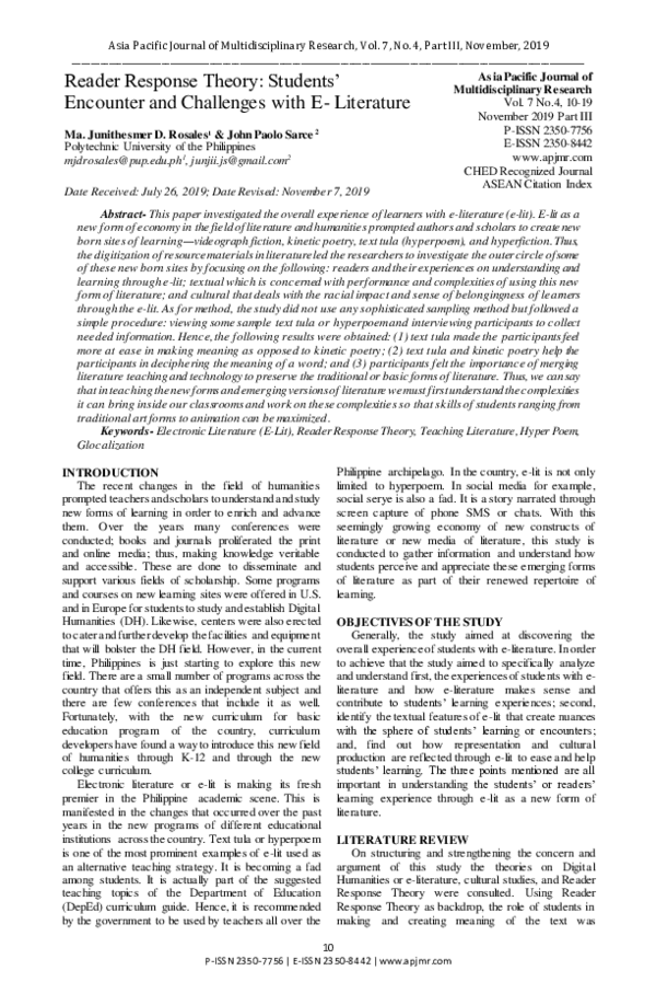 (PDF) Reader Response Theory: Students’ Encounter and Challenges with E ...