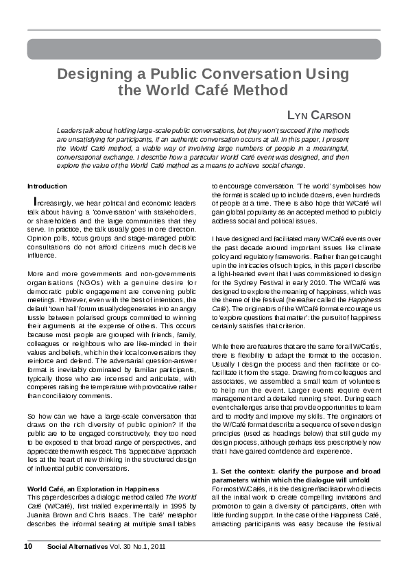 (PDF) Designing a public conversation using the World Café method | Lyn ...