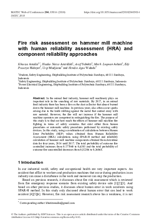 (PDF) Fire risk assessment on hammer mill machine with human reliability assessment (HRA) and ...