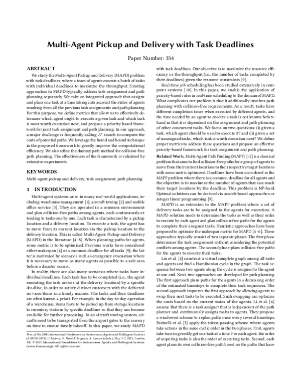 (PDF) Multi-Agent Pickup and Delivery with Task Deadlines