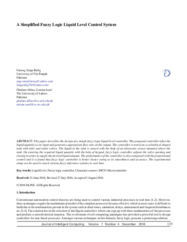 (PDF) A Simplified Fuzzy Logic Liquid Level Control System