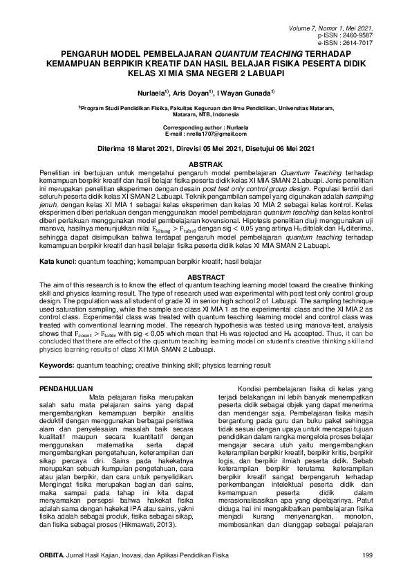 (PDF) Pengaruh Model Pembelajaran Quantum Teaching Terhadap Kemampuan Berpikir Kreatif Dan Hasil ...