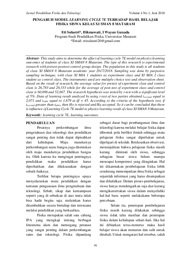 (PDF) Pengaruh Model Learning Cycle 7E Terhadap Hasil Belajar Fisika Siswa Kelas XI SMAN 8 Mataram