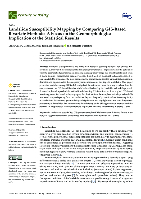 Pdf Landslide Susceptibility Mapping By Comparing Gis Based Bivariate Methods A Focus On The 