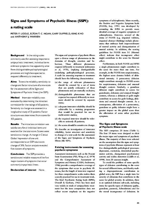 (PDF) Signs and Symptoms of Psychotic Illness (SSPI): a rating scale
