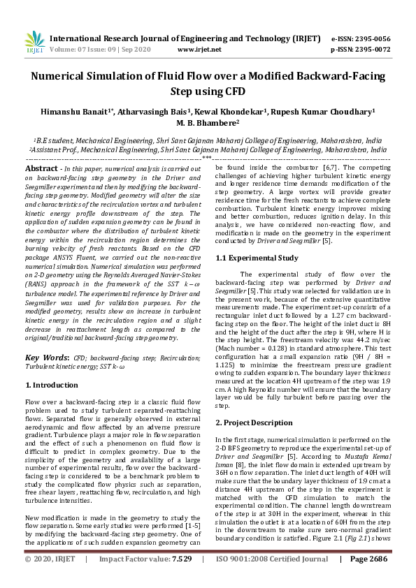 Pdf Numerical Simulation Of Fluid Flow Over A Modified Backward Facing Step Using Cfd