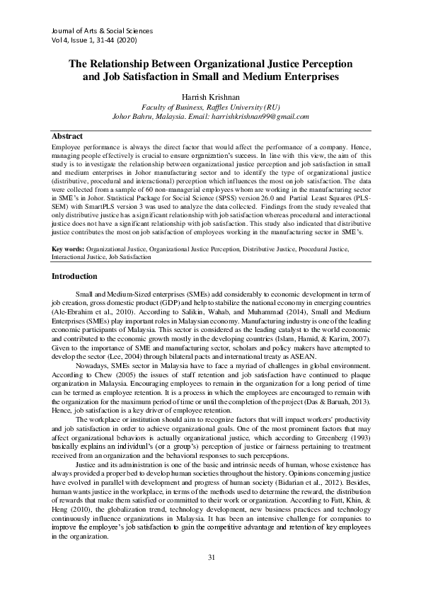 (PDF) The Relationship Between Organizational Justice Perception and Job Satisfaction in Small ...