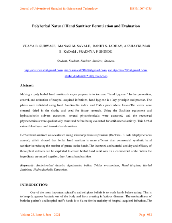 (PDF) Polyherbal Natural Hand Sanitizer Formulation and Evaluation (PDF) Polyherbal Natural Hand Sanitizer Formulation and Evaluation