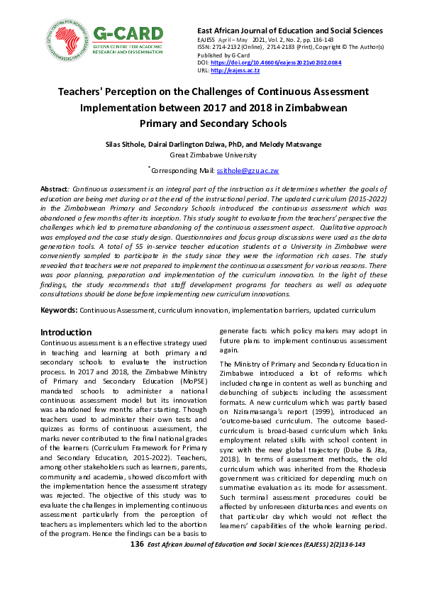 (PDF) Teachers' Perception on the Challenges of Continuous Assessment Implementation between ...