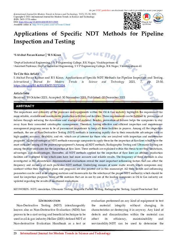 (PDF) Applications of Specific NDT Methods for Pipeline Inspection and ...