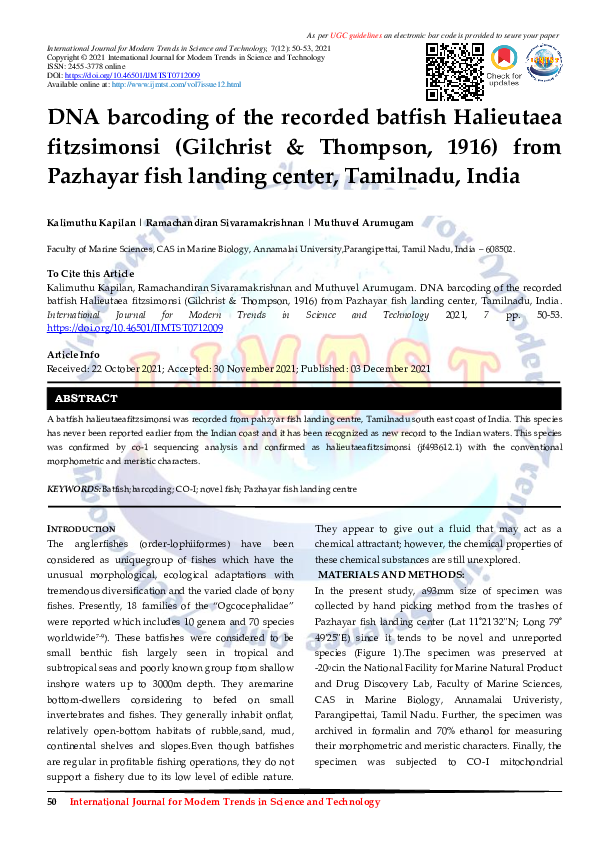 (PDF) DNA barcoding of the recorded batfish Halieutaea fitzsimonsi ...