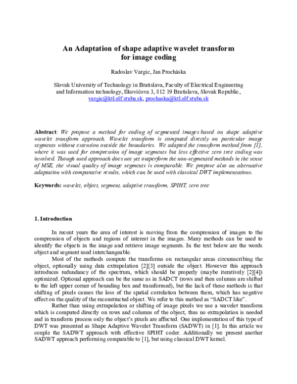 (PDF) An Adaptation of shape adaptive wavelet transform for image coding