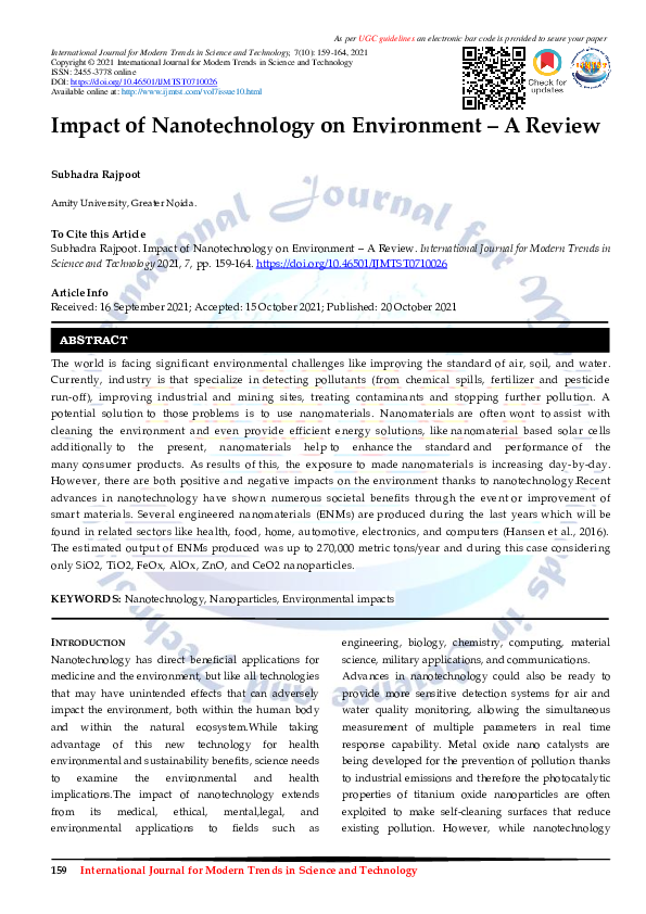 (PDF) Impact of Nanotechnology on Environment -A Review