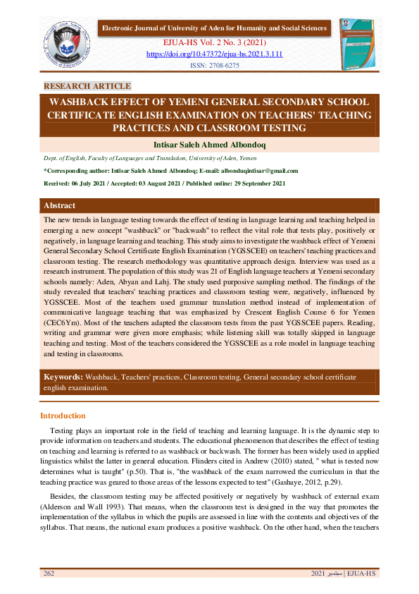 (PDF) WASHBACK EFFECT OF YEMENI GENERAL SECONDARY SCHOOL CERTIFICATE ENGLISH EXAMINATION ON ...
