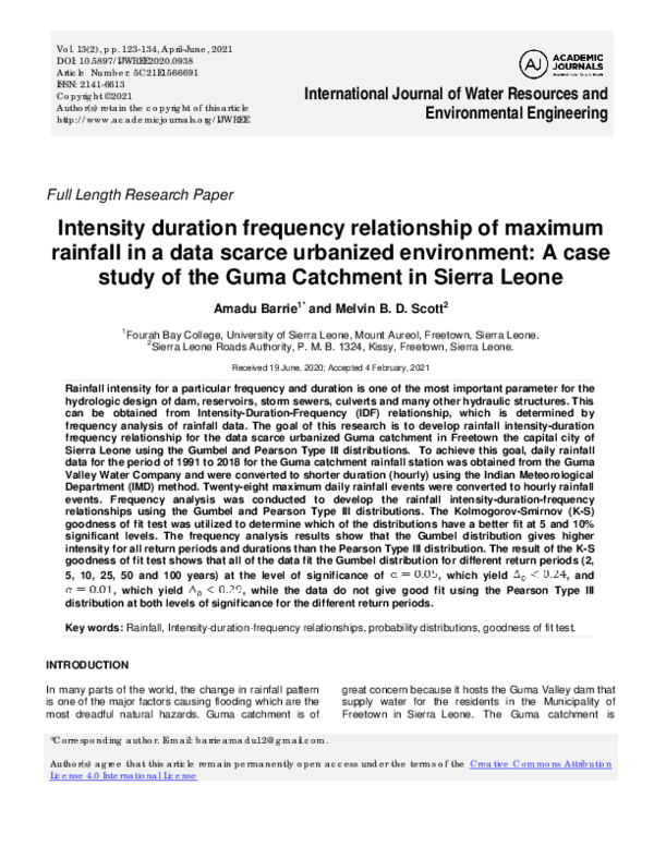 (PDF) Intensity duration frequency relationship of maximum rainfall in ...