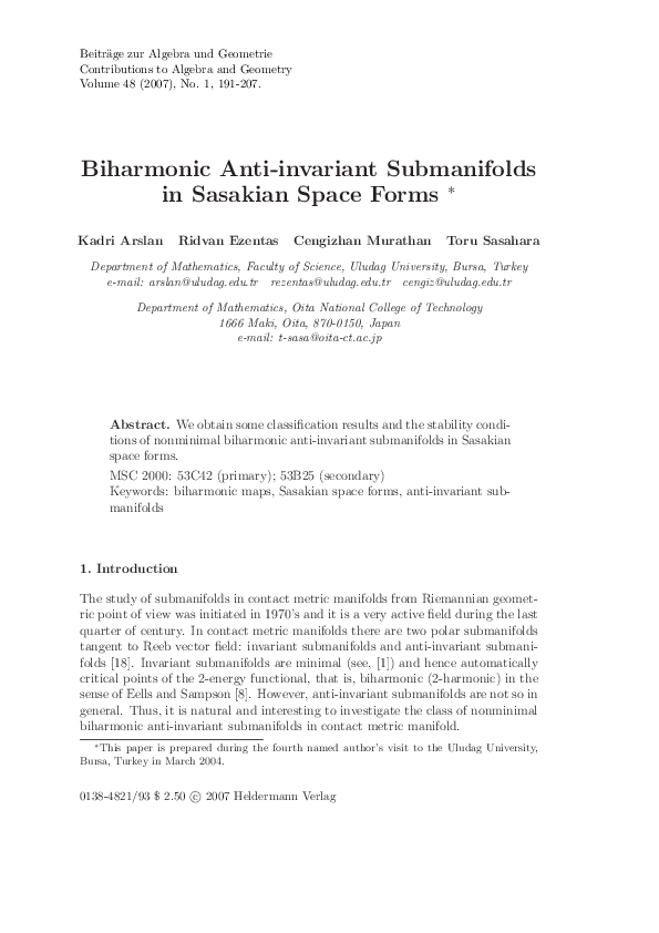 (PDF) Biharmonic anti-invariant submanifolds in Sasakian space forms