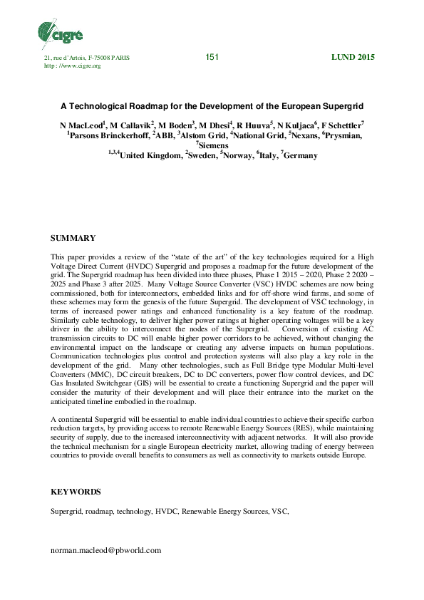 (PDF) A Technological Roadmap for the Development of the European Supergrid